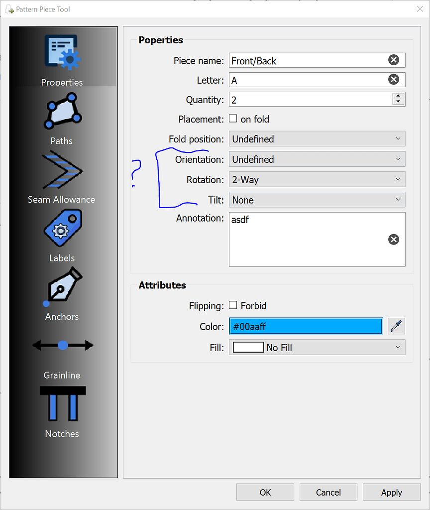 What are orientation, rotation, tilt in pattern piece properties? - Documentation / How to ...