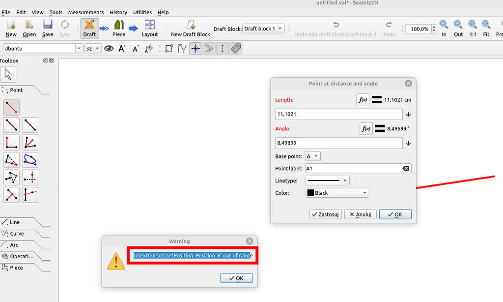QTextCursor::setPosition: Position '8' out of range - Bug Reports / Issues - Seamly Patterns Forum